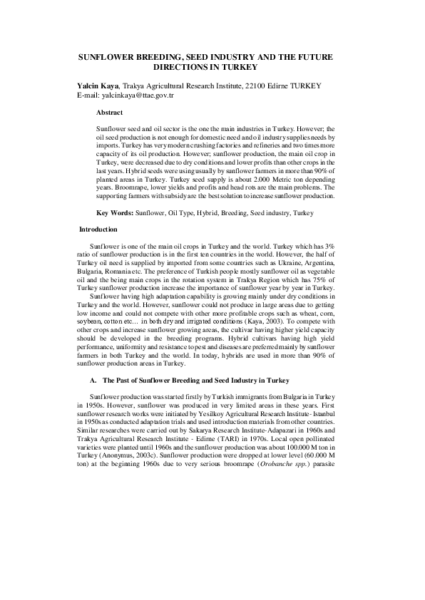 (PDF) SUNFLOWER BREEDING, SEED INDUSTRY AND THE FUTURE DIRECTIONS IN TURKEY