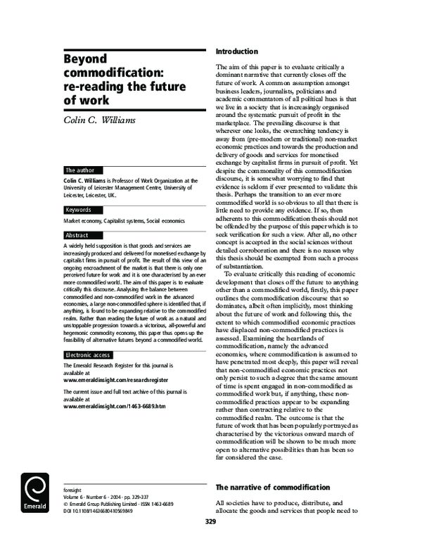 (PDF) Beyond commodification: re-reading the future of work
