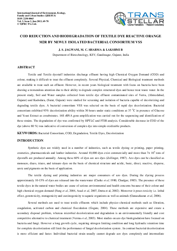 (PDF) COD REDUCTION AND BIODEGRADATION OF TEXTILE DYE REACTIVE ORANGE M2R BY NEWLY ISOLATED ...