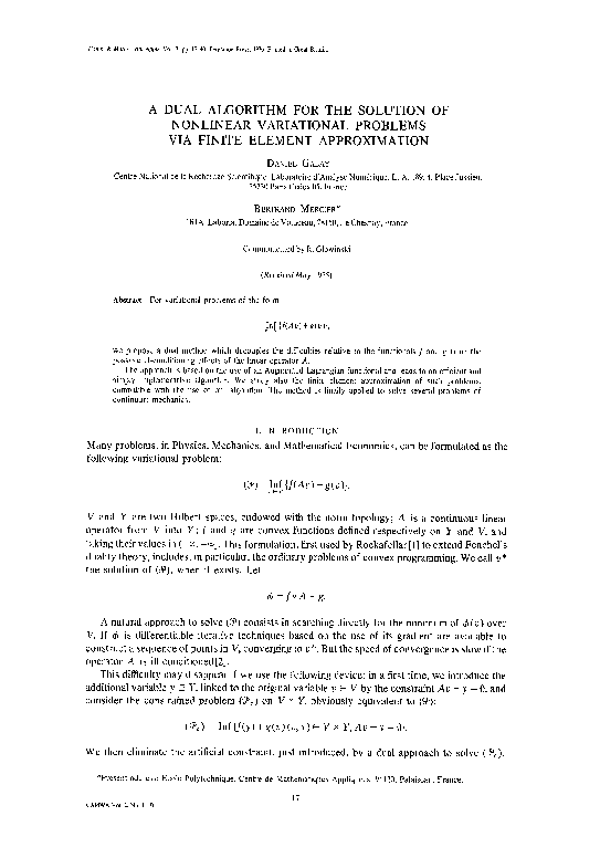 A Dual Algorithm For The Solution Of Nonlinear Variational Problems Via Finite Element Approximation