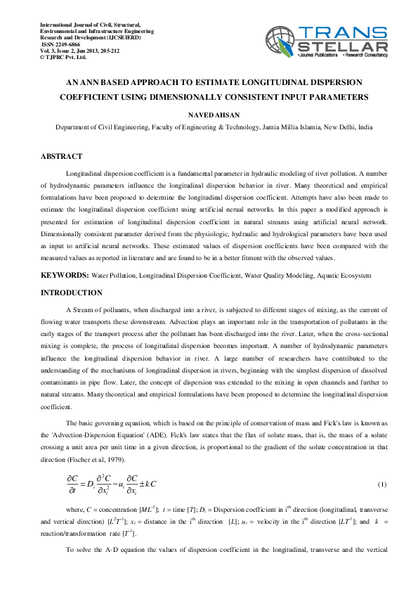 (PDF) AN ANN BASED APPROACH TO ESTIMATE LONGITUDINAL DISPERSION COEFFICIENT USING DIMENSIONALLY ...