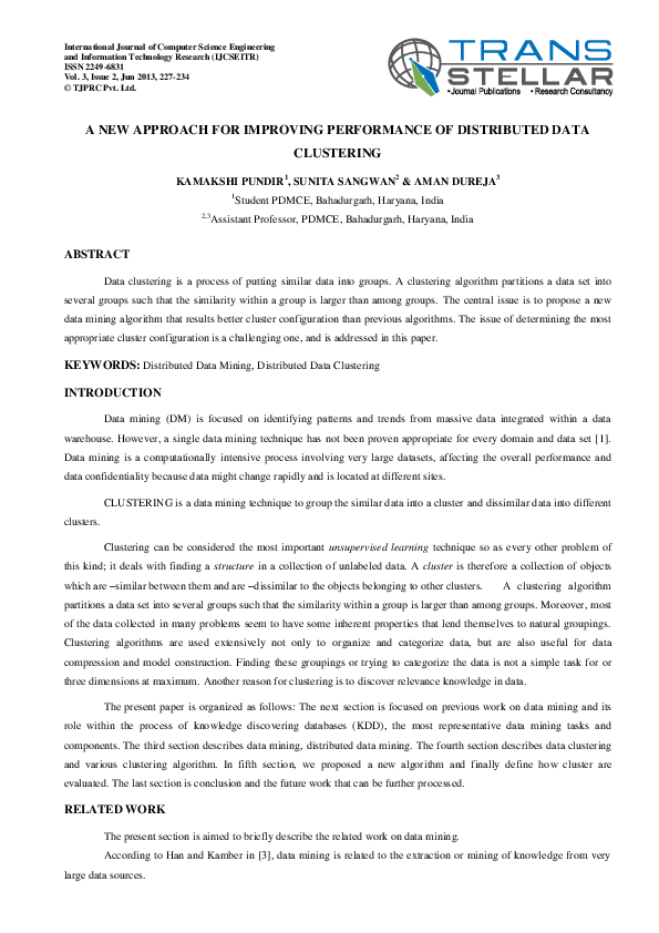 (PDF) A NEW APPROACH FOR IMPROVING PERFORMANCE OF DISTRIBUTED DATA CLUSTERING