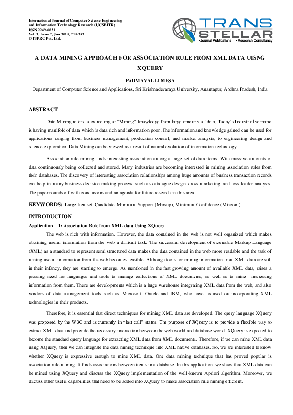 Pdf A Data Mining Approach For Association Rule From Xml Data Uisng Xquery