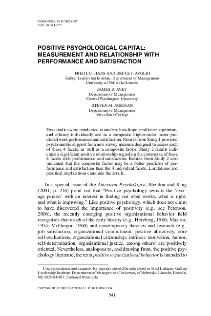 (PDF) POSITIVE PSYCHOLOGICAL CAPITAL: MEASUREMENT AND RELATIONSHIP WITH ...
