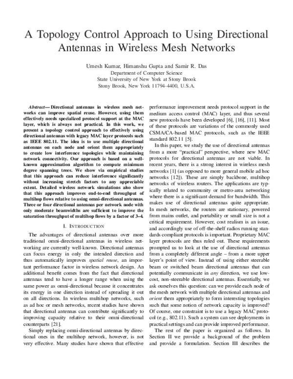 (PDF) A Topology Control Approach to Using Directional Antennas in Wireless Mesh Networks