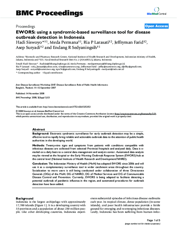 Pdf Ewors Using A Syndromic Based Surveillance Tool For Disease Outbreak Detection In 8938