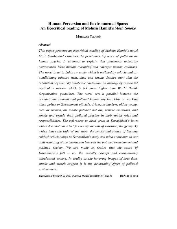 (PDF) An Ecocritical Study of Mohsin Hamid's Moth Smoke