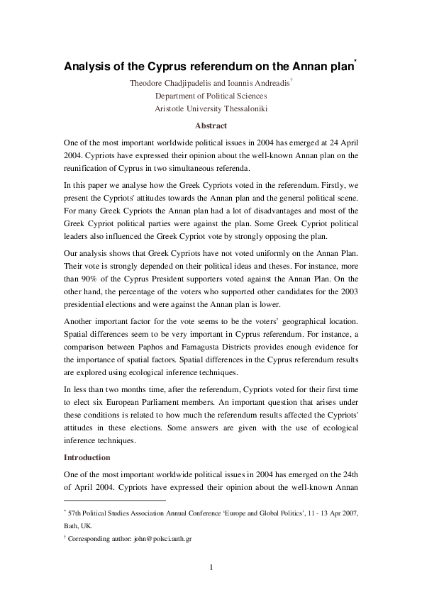 (PDF) Analysis of the Cyprus Referendum on the Annan Plan