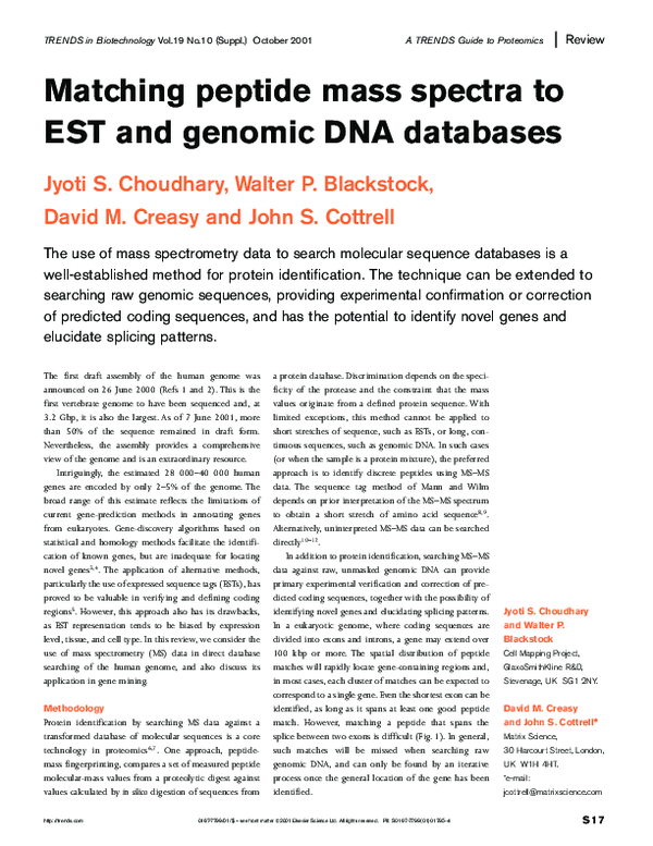 (PDF) Matching peptide mass spectra to EST and genomic DNA databases
