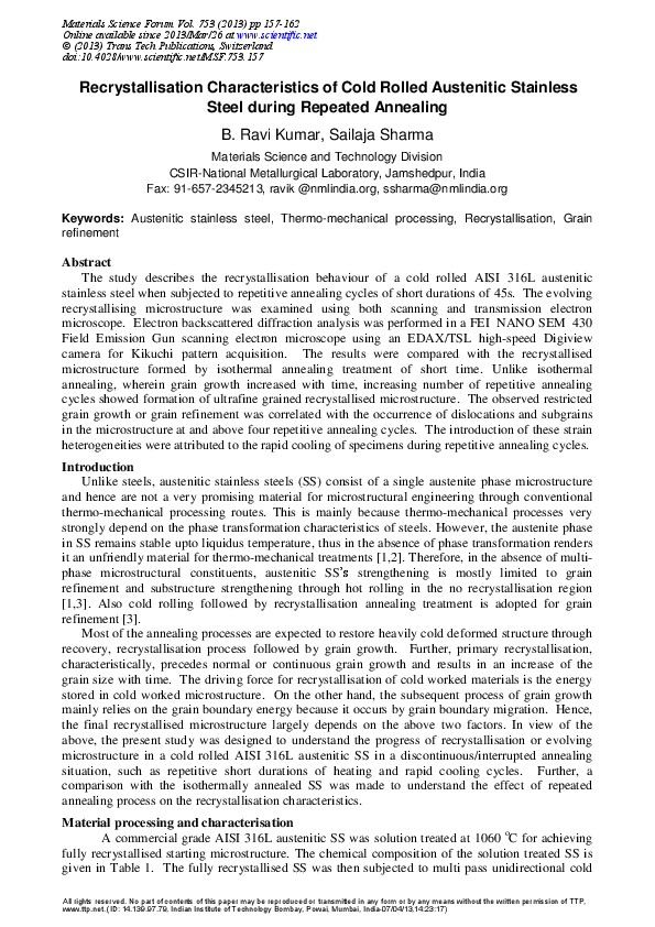 Recrystallisation Characteristics of Cold Rolled Austenitic Stainless Steel during Repeated ...