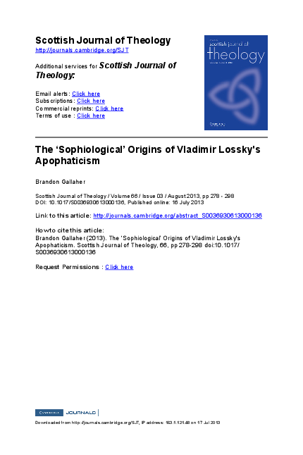 (PDF) 'The 'Sophiological' Origins of Vladimir Lossky's Apophaticism ...