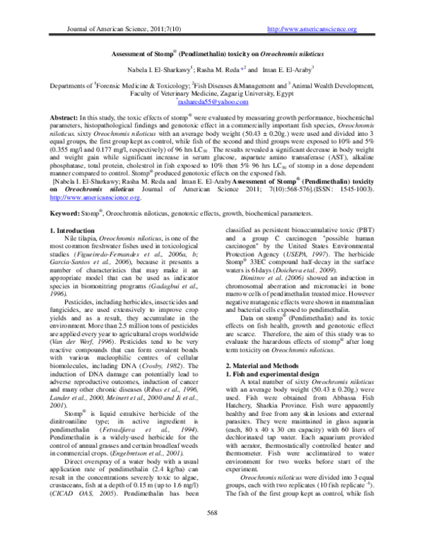 (PDF) Assessment of Stomp® (Pendimethalin) toxicity on Oreochromis ...