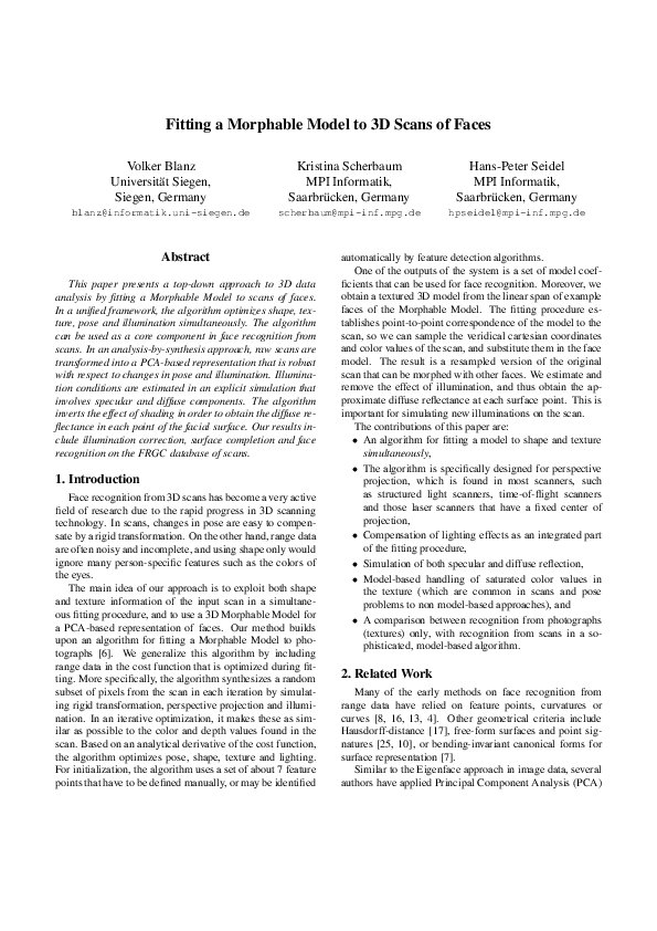 Pdf Fitting A Morphable Model To 3d Scans Of Faces