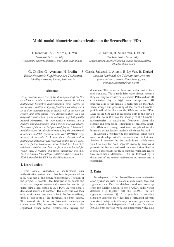 Pdf Multi Modal Biometric Authentication On The Securephone Pda
