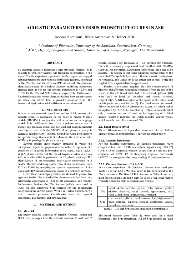 (PDF) Acoustic parameters versus phonetic features in ASR