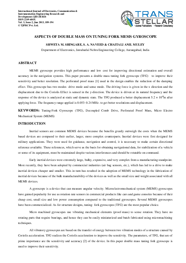 (PDF) ASPECTS OF DOUBLE MASS ON TUNING FORK MEMS GYROSCOPE