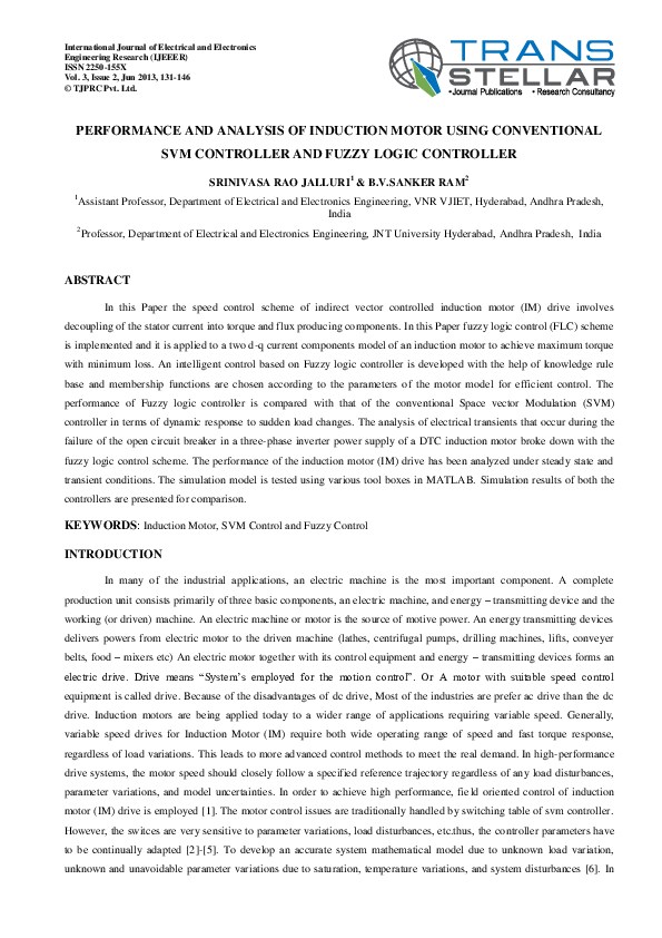 Pdf Performance And Analysis Of Induction Motor Using Conventional Svm Controller And Fuzzy