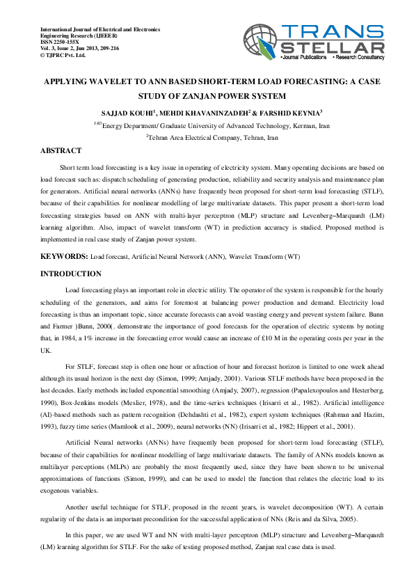 (PDF) APPLYING WAVELET TO ANN BASED SHORT-TERM LOAD FORECASTING: A CASE STUDY OF ZANJAN POWER SYSTEM