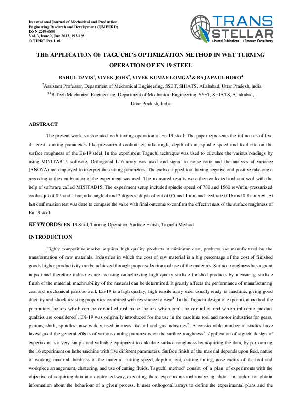 Pdf The Application Of Taguchis Optimization Method In Wet Turning Operation Of En 19 Steel
