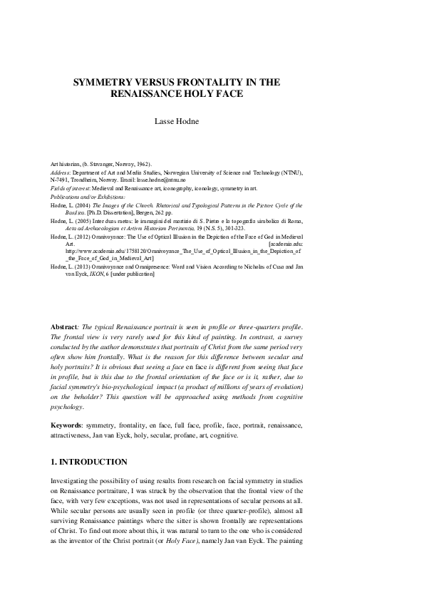 (PDF) Symmetry versus frontality in the Renaissance holy face