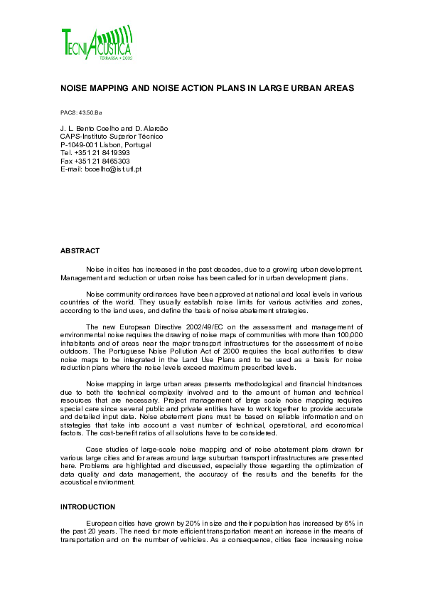(PDF) NOISE MAPPING AND NOISE ACTION PLANS IN LARGE URBAN AREAS