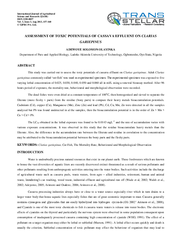 (PDF) ASSESSMENT OF TOXIC POTENTIALS OF CASSAVA EFFLUENT ON CLARIAS ...