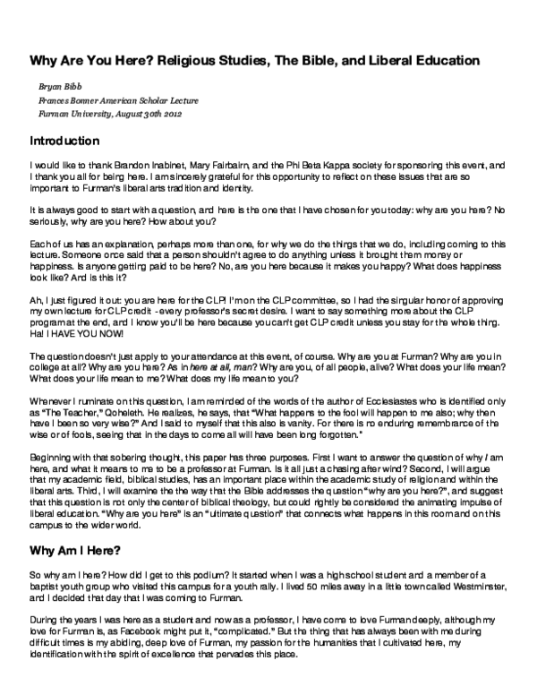 (PDF) Why Are You Here? Religious Studies, The Bible, and Liberal Education