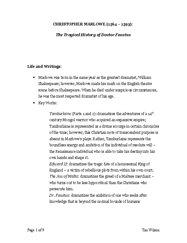 (DOC) On Marlowe's The Tragical History of Doctor Faustus