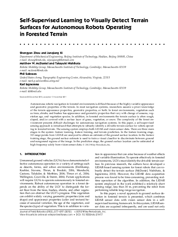 Pdf Self‐supervised Learning To Visually Detect Terrain Surfaces For Autonomous Robots