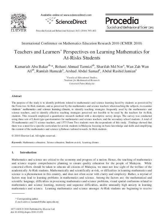 (PDF) Teachers and learners' perspectives in learning mathematics for ...