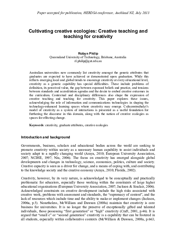 (DOC) Cultivating creative ecologies: Creative teaching and teaching for creativity