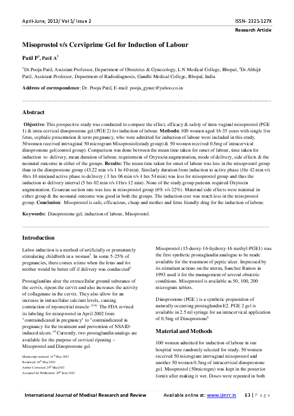 (PDF) Misoprostol v/s Cerviprime Gel for Induction of Labour