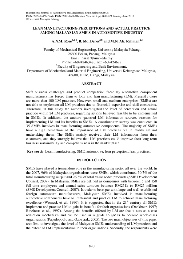 (PDF) LEAN MANUFACTURING PERCEPTIONS AND ACTUAL PRACTICE AMONG MALAYSIAN SMES IN AUTOMOTIVE INDUSTRY
