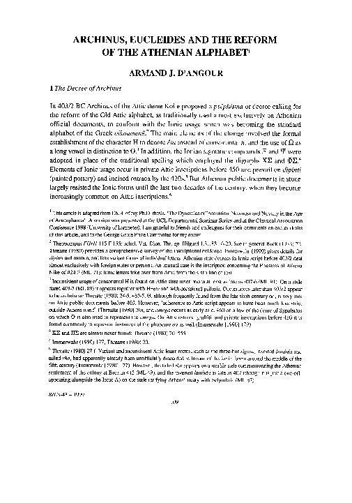 (PDF) Archinus, Eucleides and the reform of the Athenian Alphabet, BICS ...
