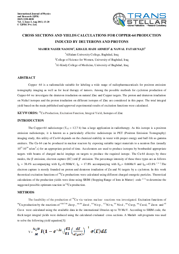 (PDF) CROSS SECTIONS AND YIELDS CALCULATIONS FOR COPPER-64 PRODUCTION ...