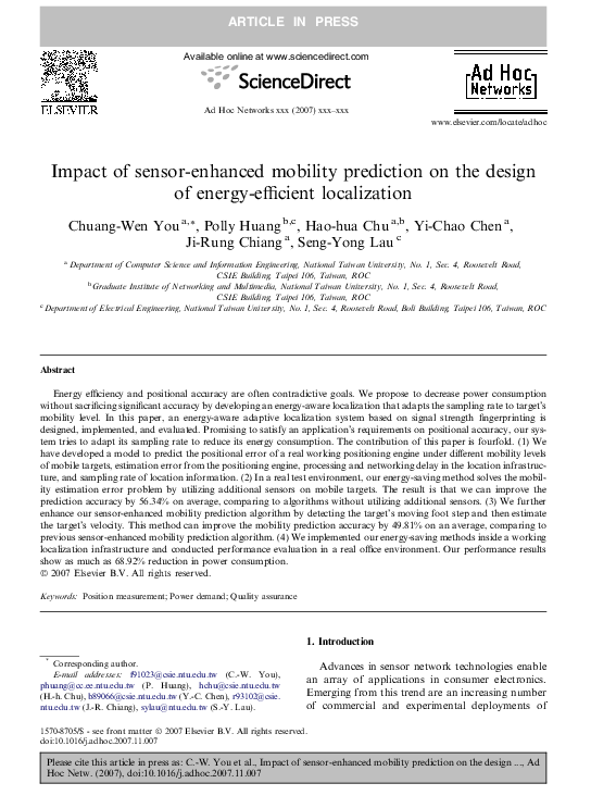 (PDF) Impact of sensor-enhanced mobility prediction on the design of energy-efficient localization