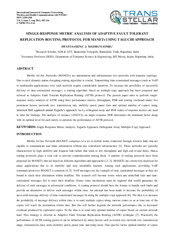 Pdf Single Response Metric Analysis Of Adaptive Fault Tolerant Replication Routing Protocol