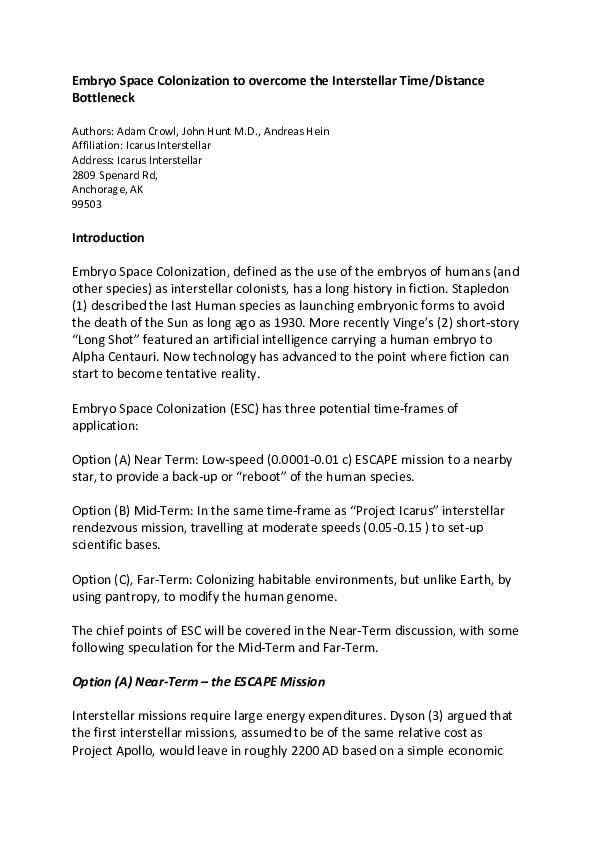 (PDF) Embryo Space Colonization to overcome the Interstellar Time/Distance