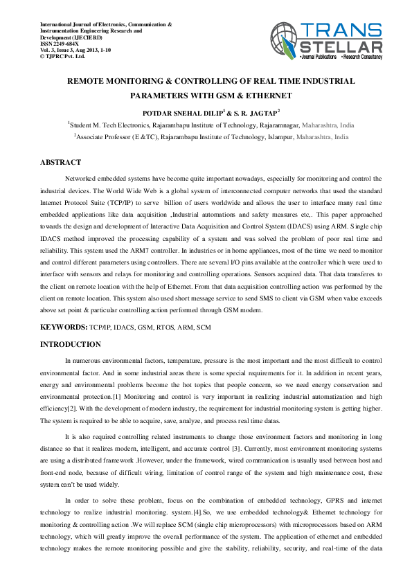 (PDF) REMOTE MONITORING & CONTROLLING OF REAL TIME INDUSTRIAL PARAMETERS WITH GSM & ETHERNET