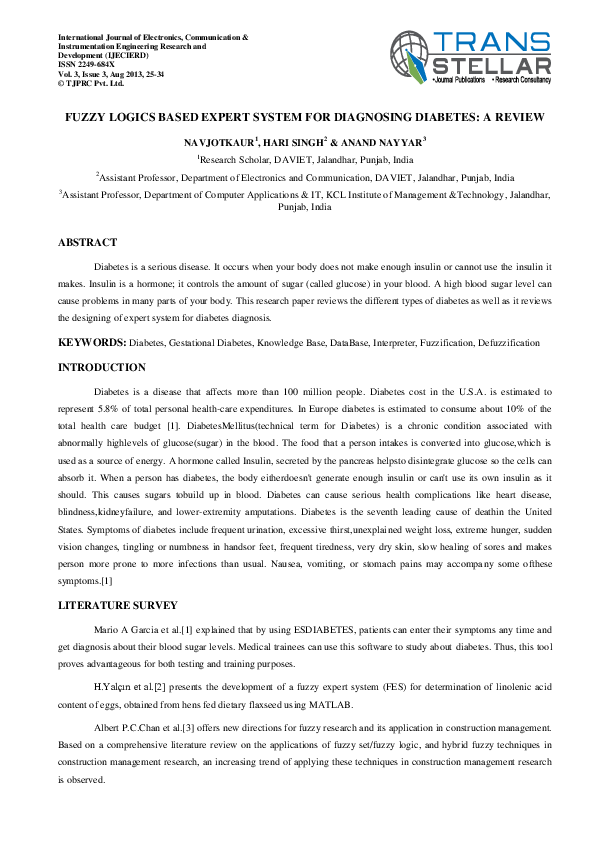 (PDF) FUZZY LOGICS BASED EXPERT SYSTEM FOR DIAGNOSING DIABETES: A REVIEW
