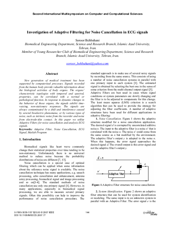 Pdf Investigation Of Adaptive Filtering For Noise Cancellation In Ecg
