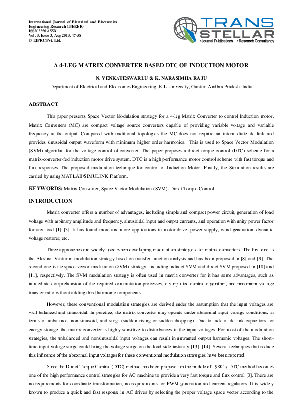 (PDF) A 4-LEG MATRIX CONVERTER BASED DTC OF INDUCTION MOTOR