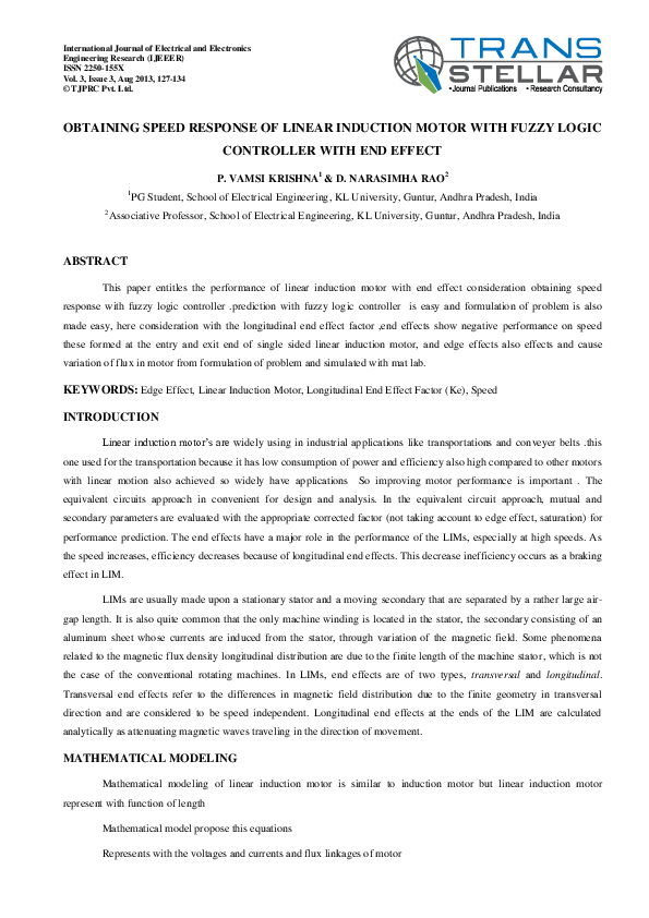 Pdf Obtaining Speed Response Of Linear Induction Motor With Fuzzy Logic Controller With End Effect