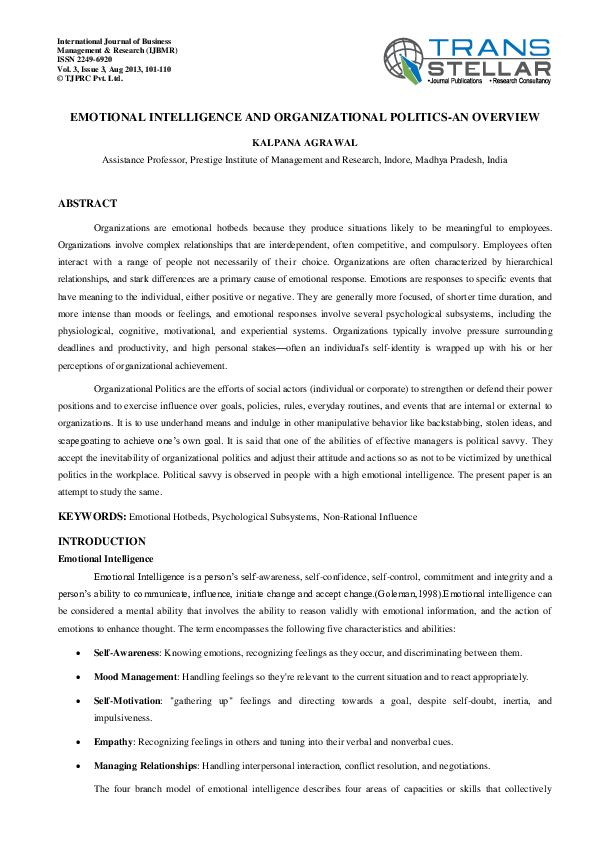 (PDF) EMOTIONAL INTELLIGENCE AND ORGANIZATIONAL POLITICS-AN OVERVIEW
