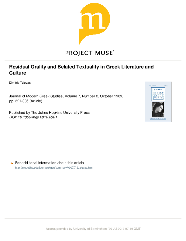 (PDF) Residual orality and belated textuality in Greek literature and ...