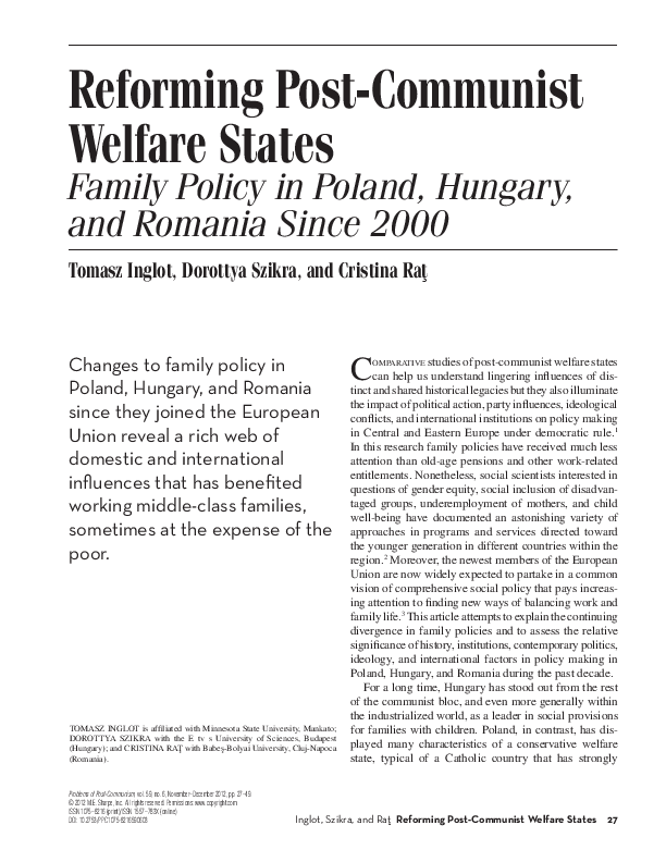 (PDF) Reforming Post-Communist Welfare States