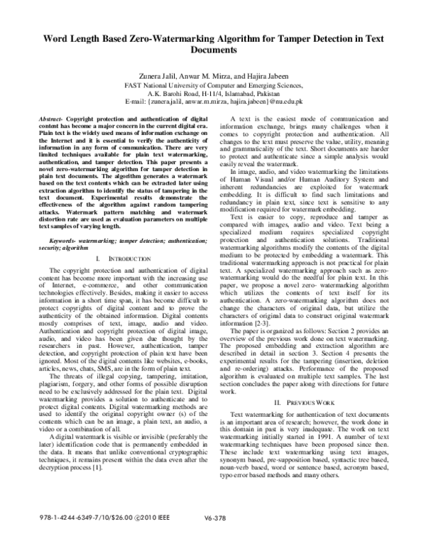 Pdf Word Length Based Zero Watermarking Algorithm For Tamper