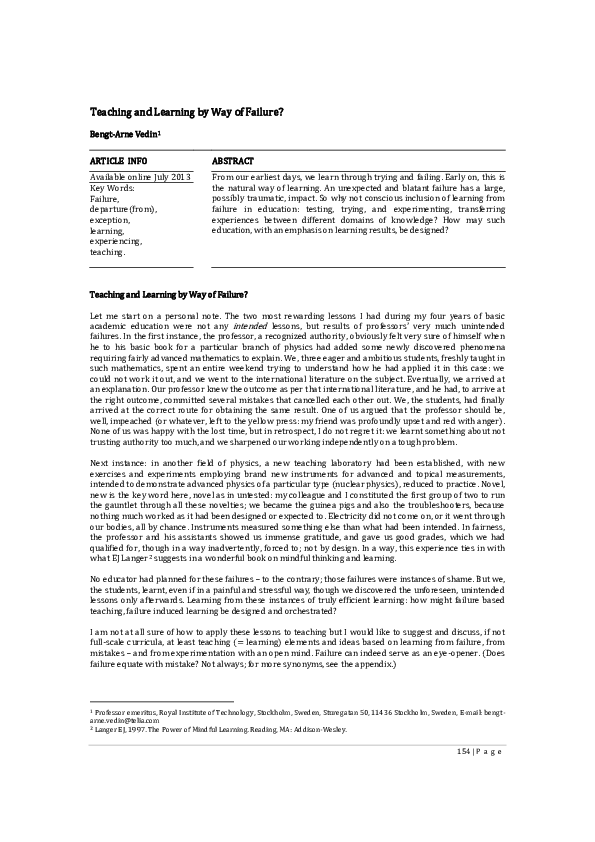 (PDF) Teaching and Learning by Way of Failure?