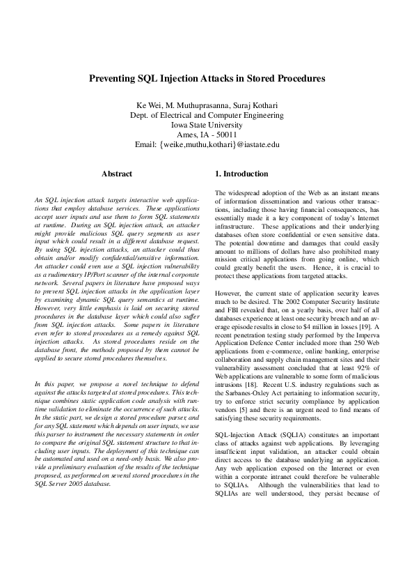 (PDF) Preventing SQL Injection Attacks in Stored Procedures