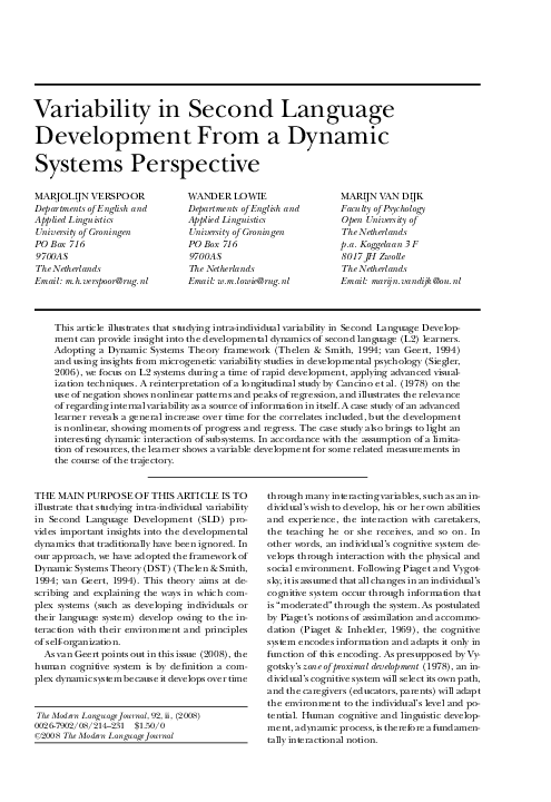 (PDF) Verspoor, M.H., Lowie, W., & Van Dijk, M. (2008) Variability in second language ...